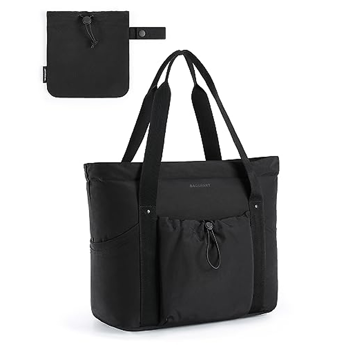 BAGSMART Women Foldable Tote Bag with Drawstring Storage Bag, Large Tote Bag Shoulder Bag Top Handle Handbag for Travel, Work, Beach, Gym, Shop, (Black)