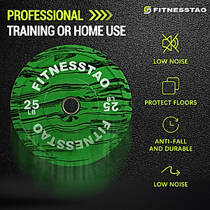 FITNESSTAO Olympic Bumper Plates, 10LB-45LB Rubber Weight Plates with 2" Stainless Steel Hub, Barbells Weight Plates for Weightlifting, Strength Training, Muscle Toning, Crossfit in Home & Gym 25LB-1