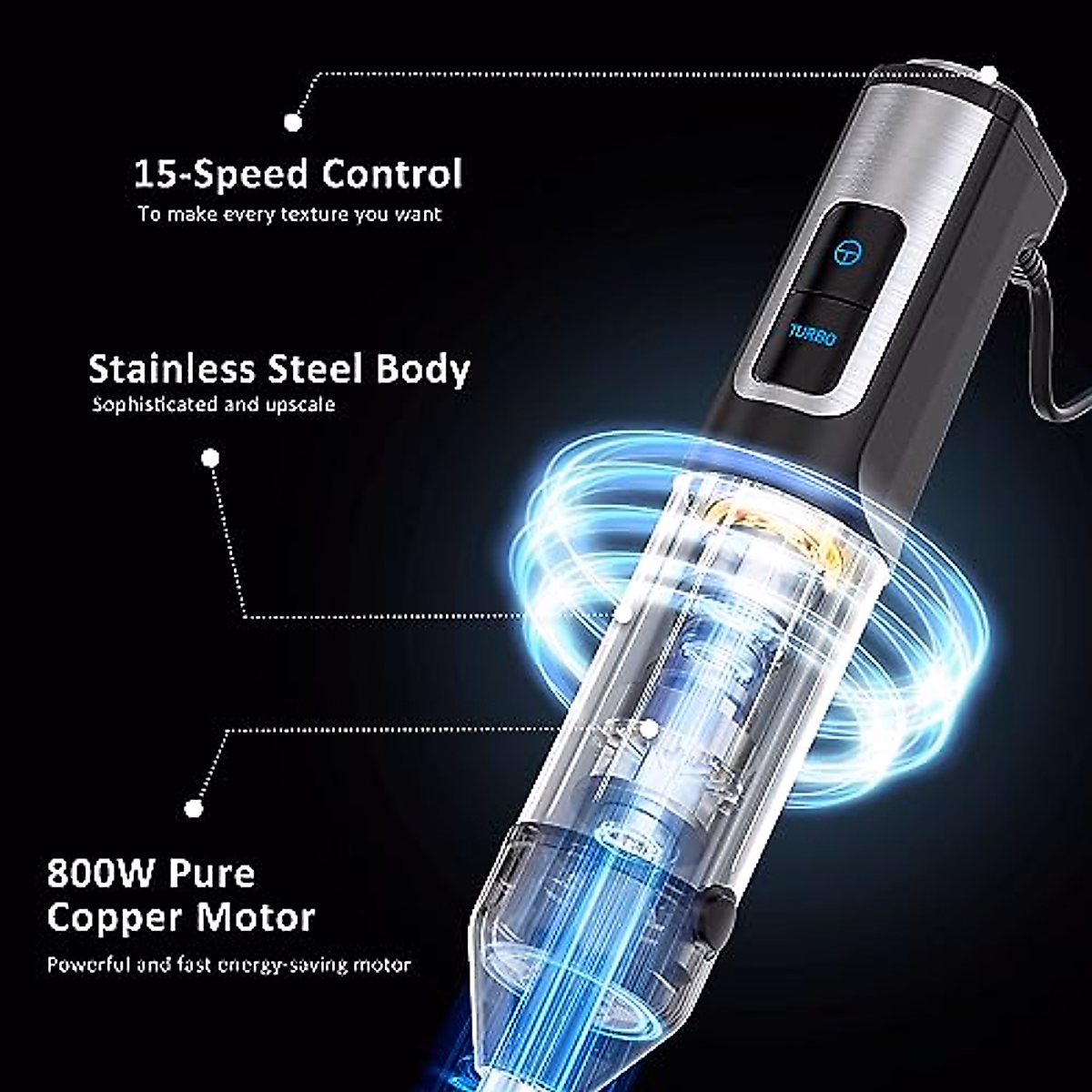 BEEWEEL Immersion Blender - 800 Watts Scratch Resistant Hand Blender, 15 Variable Speeds & Turbo Hand Mixer, 4-in-1 Heavy Duty Copper Motor Handheld Blender with Egg Whisk,Chopper and Coffee Grinder