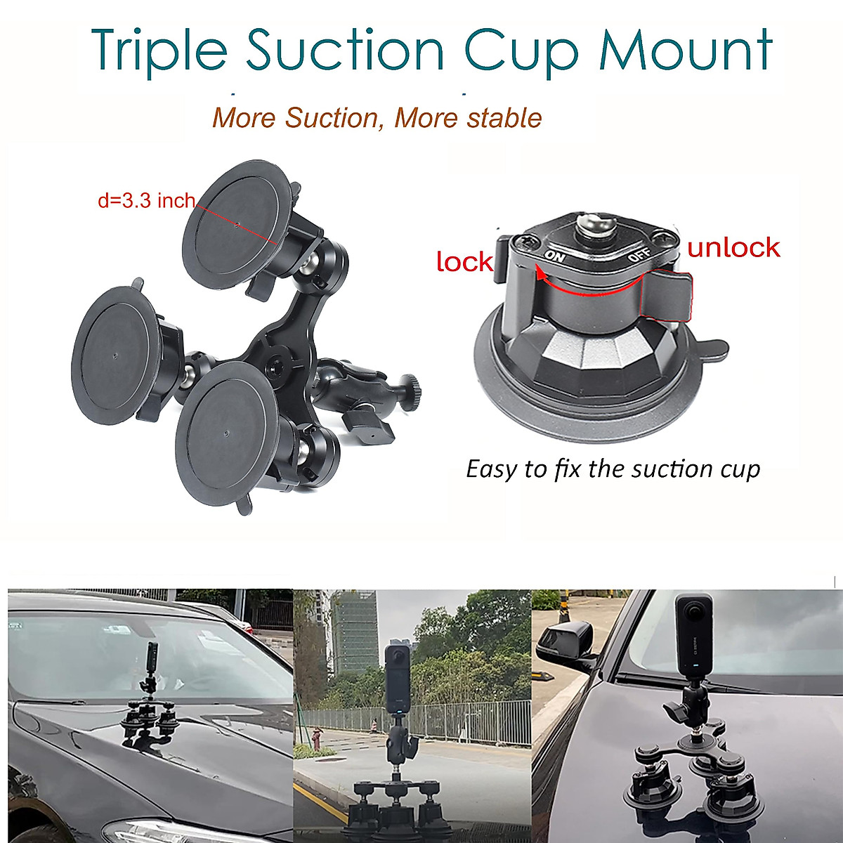 Fotoleey Heavy Duty Outside 4 Suction Cups 360 Camera Car Mount Kit for Insta360 X3/X2/One RS Compatible with GoPro Max, Hero 12/11/10/9/8 More Stable, Adjustable (Stick is not Included)