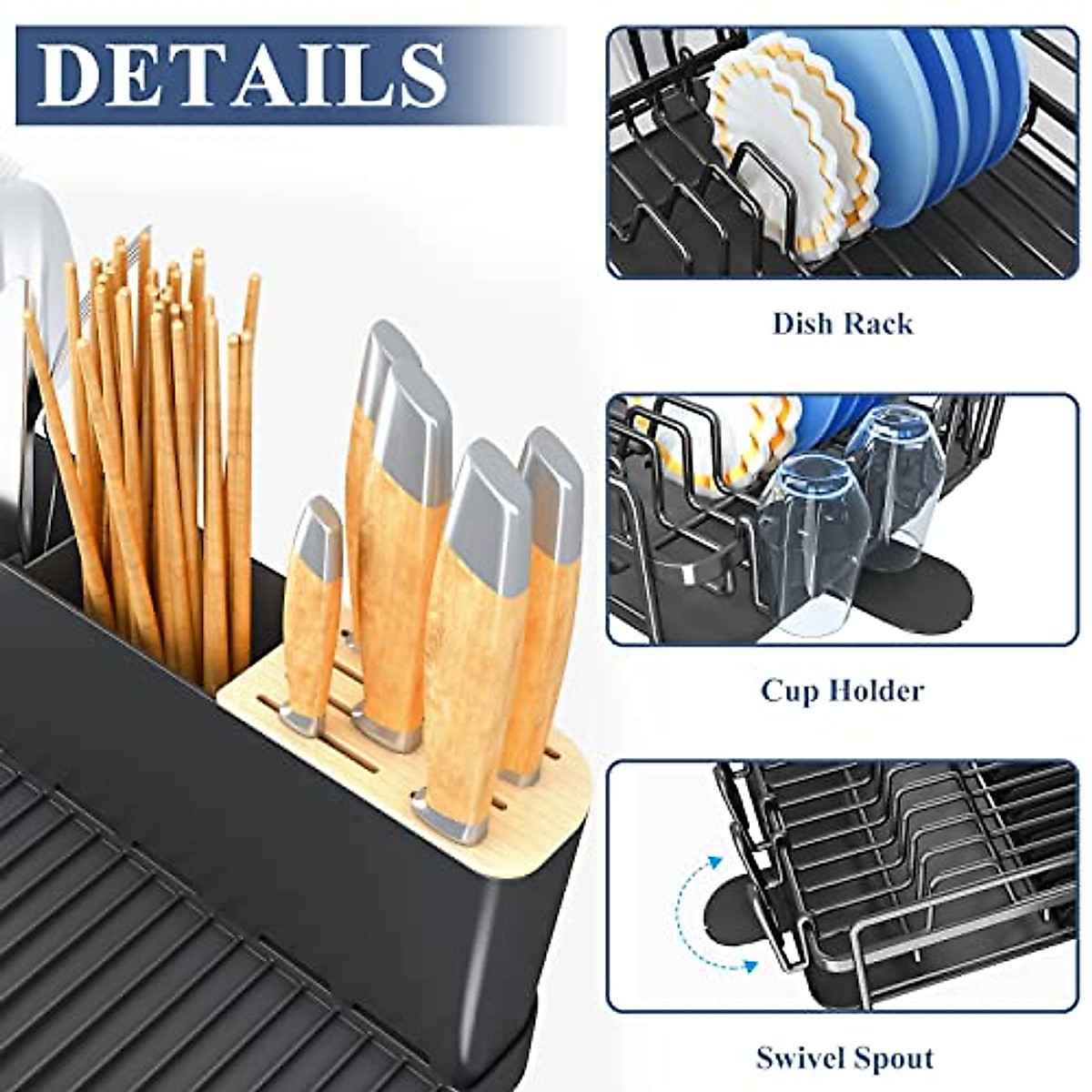 HERJOY Dish Drying Rack for Kitchen Counter, Large Dish Rack Expandable Black Drying Dish Drainers Rack, Anti-Rust Drying Rack with Drainboard and Cup Holders Rack Organizer