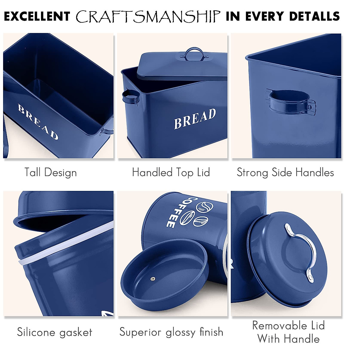 E-far Navy Blue Bread Box & Canister Set - Rustic Kitchen Storage