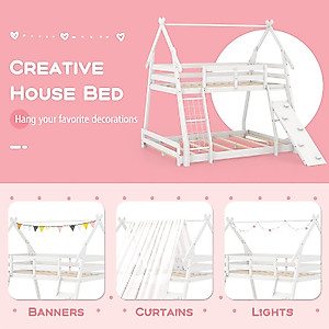 Costzon Twin Over Queen Bunk Bed, House Shaped Bed Frame with Climbing Nets and Ramp, Safety Guardrail, No Box Spring Needed, Wooden Kids Bed for Boys Girls (White, Twin Over Queen)