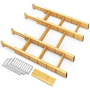 SpaceAid Bamboo Drawer Dividers with Inserts and Labels, Kitchen Adjustable Drawer Organizers, Expandable Organization for Home, Office, Dressers, 4 Dividers with 9 Inserts (17-22 in)