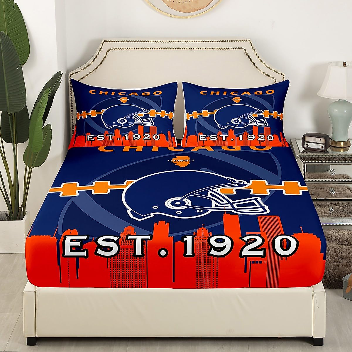 Erosebridal Twin Fitted Sheet for Boys Football Kids Bed Sheets for Football Fan American Football Bed Set for Men,Boys Rugby Bedding Set with 1 Pillowcase,Red Blue Orange(Chicago)