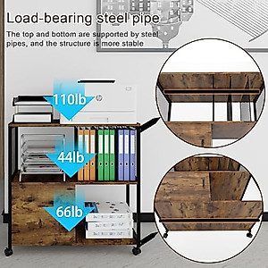 PUNCIA Mobile Wood Lateral File Archive Folder Cabinets with 3 Compartments Rack for Binder Storage Rolling Filing Printer Cabinet with Wheels and Open Storage Shelves for Home Office