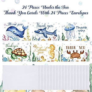 24 Sets Under the Sea Thank You Cards with Envelopes Whale, Shark and Turtle Thank You Notes Ocean Watercolor Baby Thank You Cards Sea Animal Greeting Cards for Birthdays Baby Shower Wedding Kids