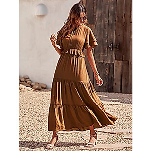 PRETTYGARDEN Womens Summer Boho Maxi Dress Short Sleeve V Neck Ruffle Trim High Waisted Tiered Party Flowy Long Dresses 2023 (Coffee, Large)