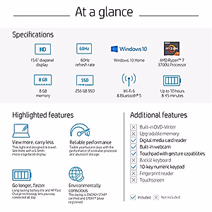 HP 15 Laptop, AMD Ryzen 7 3700U Processor, 8 GB RAM, 256 GB SSD, HD Display, Windows 10 Home (15-ef0022nr, Natural Silver)