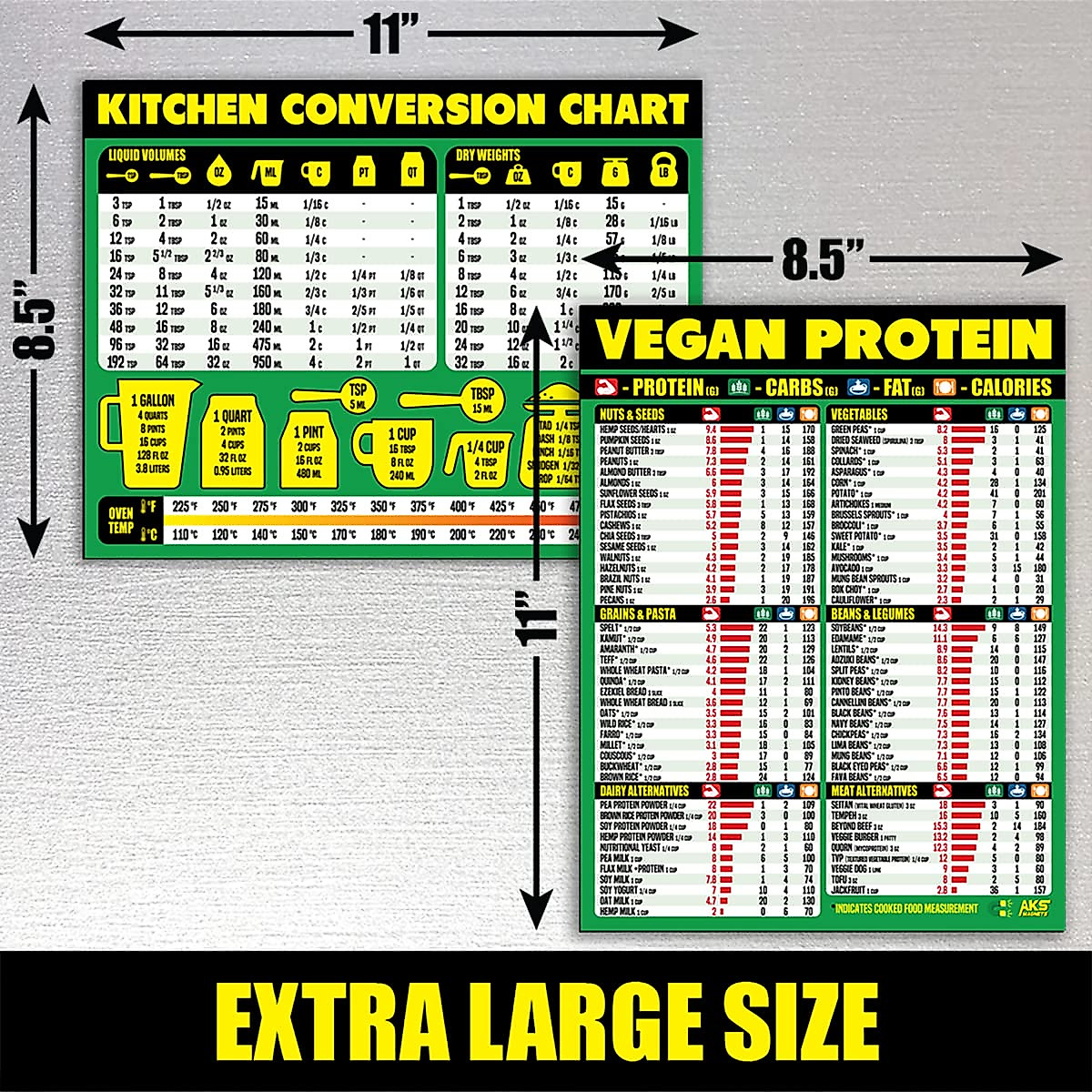 Kitchen Conversion Chart and Vegan Protein Magnetic Cheat Sheet Combination Bundle - Extra Large Easy to Read Reference Guides for Vegan Protein Sources and Baking & Recipe Unit Conversions