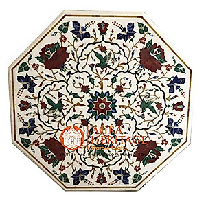 White Marble Octagon Dining Table Top Marquetry Bird Multi Floral Inlay Home Decor | 38" Inches