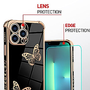OOK Compatible with iPhone 13 Pro Max Case Luxury Plating Edge Bumper Case with Full Camera Lens Protection Cute Butterfly Pattern Cover for iPhone 13 Pro Max 6.7 Inch for Women Girl(Black)