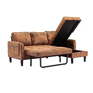 Eafurn L-Shaped Sectional w/Pull Out Bed & Storage Space,Comfy Sleeper Chaise, 3-seat Upholstered Convertible Corner Sofa & Couches, Suitable for Living Room, Coffee