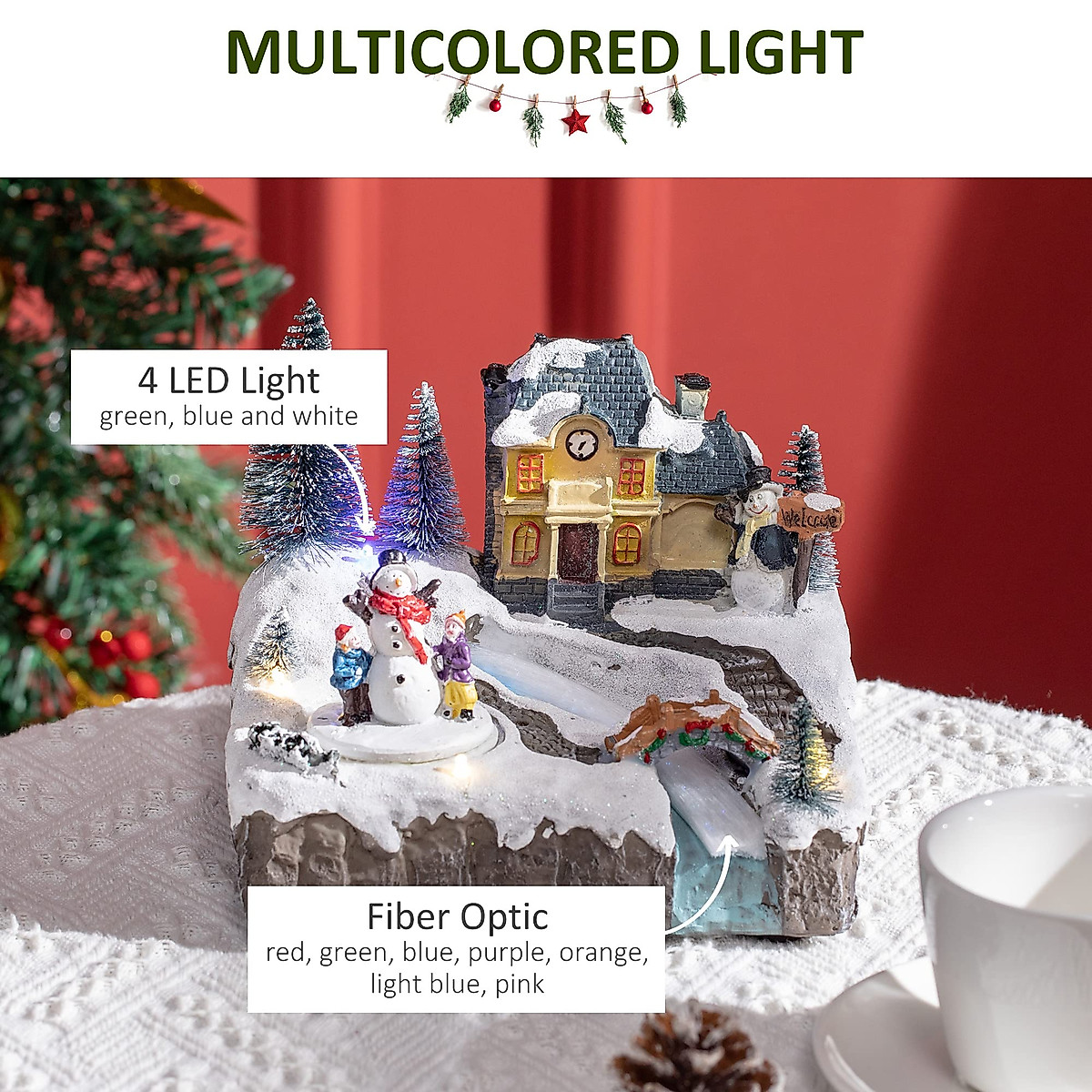 HOMCOM Christmas Village Rotating Skating Pond Animated Winter Wonderland Set with LED Light, Music, Fiber Optic, Battery-Operated Christmas Decoration