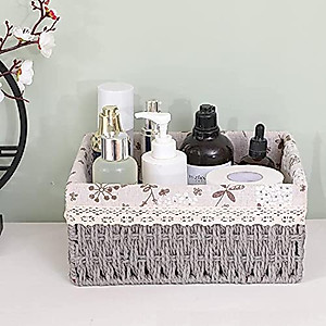 Storage Baskets for Shelves, Rectangular Organizing Woven Baskets Set with Removable Liners | Natural Seagrass, Decorative Home Storage Bin (Set of 3, Grey)