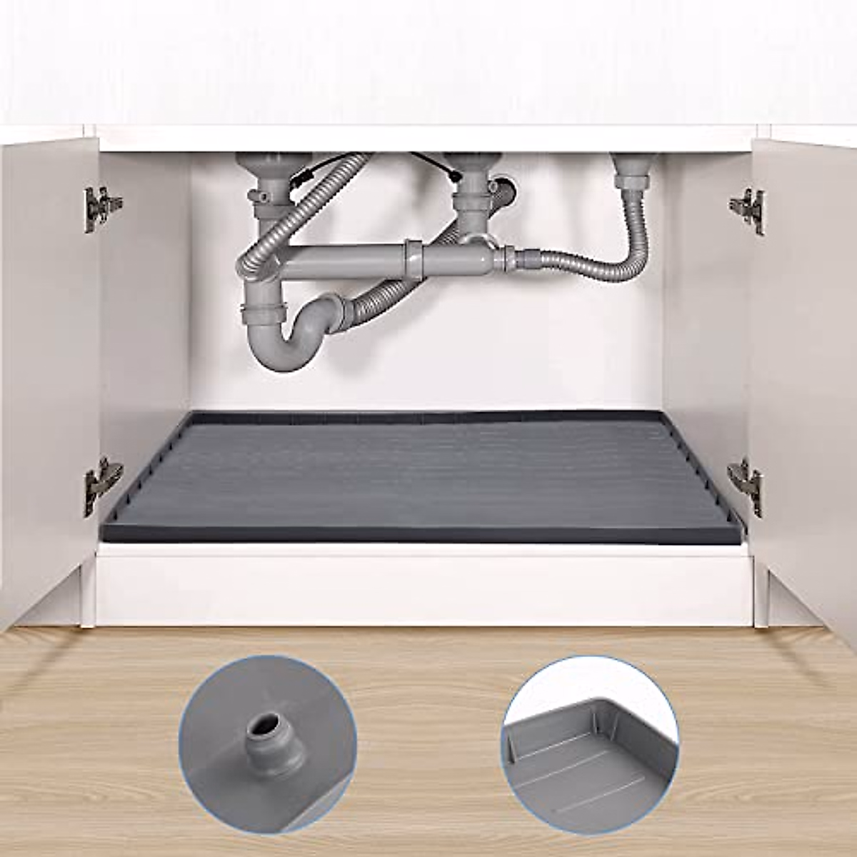 34 x 22 Inch Under Sink Mat for Kitchen Waterproof, Under Sink Tray with Drain Hole, Flexible Silicone Under Sink Mats, Sink Cabinet Protector Mats for Kitchen, Bathroom