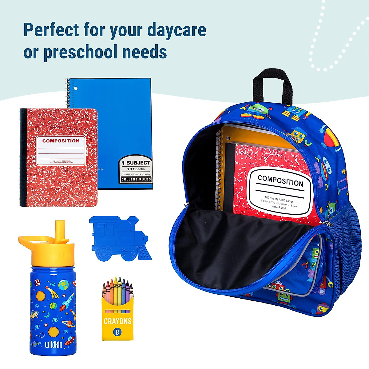 Wildkin 12-Inch Kids Backpack for Boys & Girls, Perfect for Daycare and Preschool, Toddler Bags Features Padded Back & Adjustable Strap, Ideal for School & Travel Backpacks (Robots)