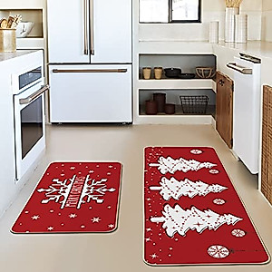Artoid Mode Red Snowflake Merry Christmas Tree Welcome Decorative Kitchen Mats Set of 2, Home Party Low-Profile Kitchen Rugs - 17x29 and 17x47 Inch