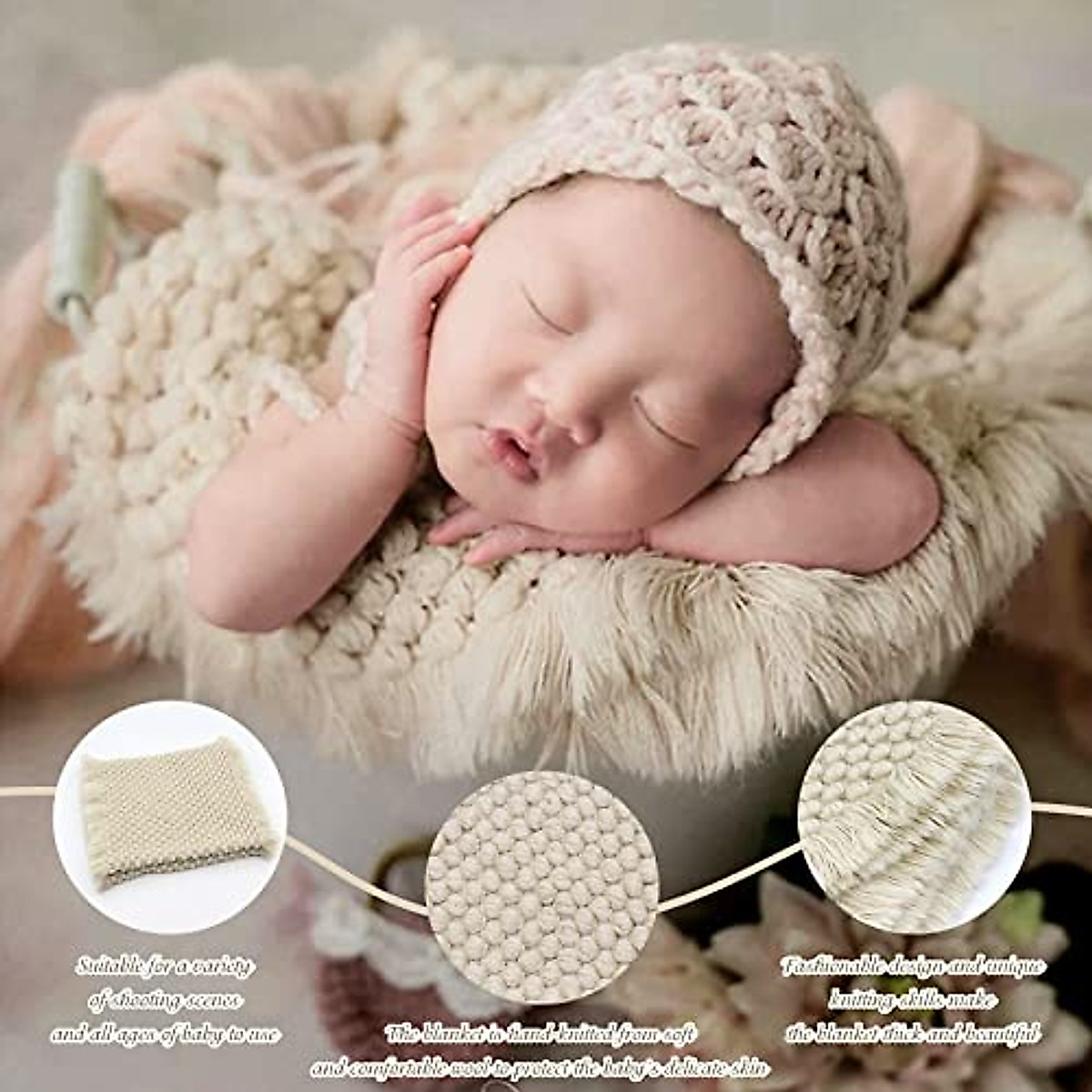 SPOKKI 3 Pcs Newborn Photography Props Outfits Set, Knitted Blanket for Baby Photo Props, Beige Elastic Wrap for Photoshoot, Flower Headband for Infant Boys Girls, Baskets Filler Posing Props