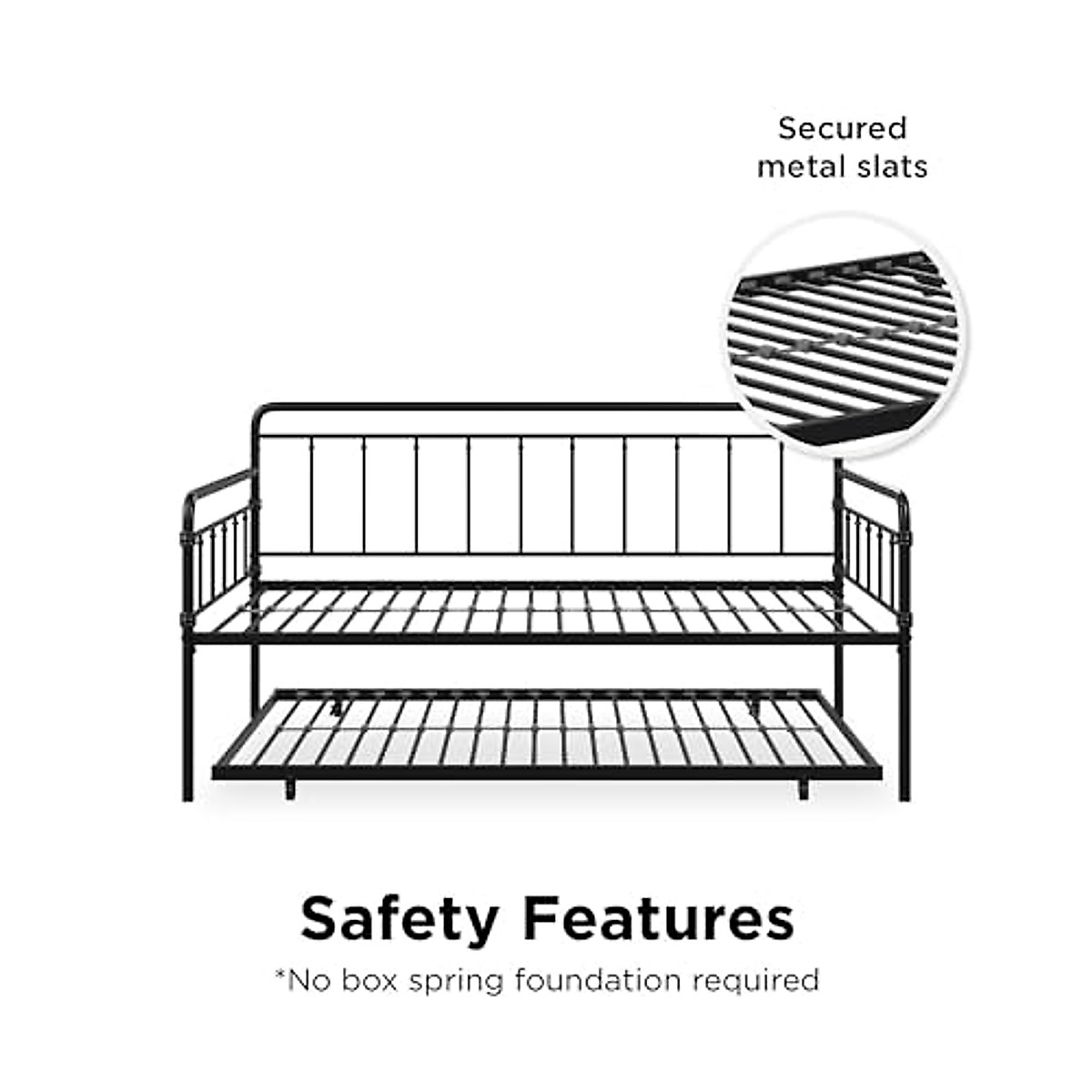 DHP Winston Metal Daybed and Roll Out Trundle, Sturdy Metal Frame, Multifunctional Piece, Black - Twin