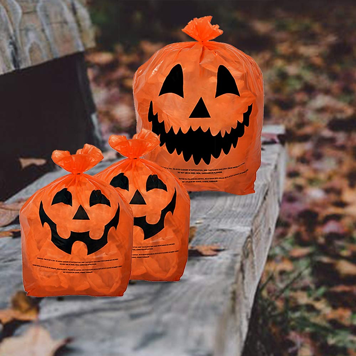 KINREX Halloween Leaf Bags Pumpkin Plastic Lawn and Leaf Bags Decoration - Outdoor Fall Trash Bag Decor - Orange Jack O Lantern - Pack of 3 with Twist Ties