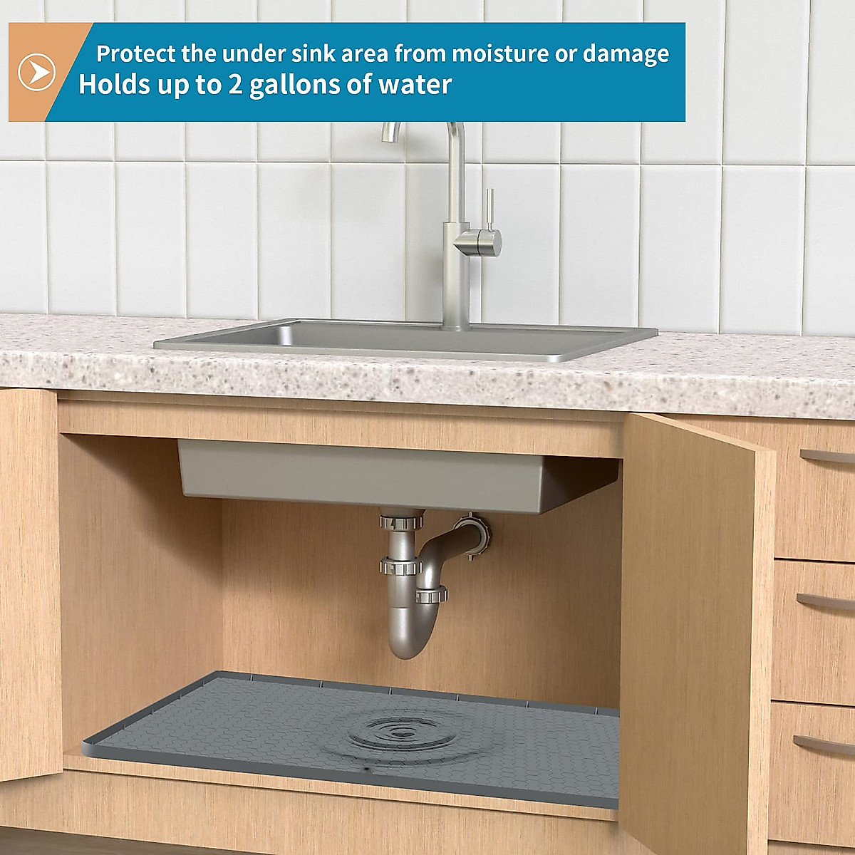 Sanbege Under Sink Mat Liner 34" x 22", Kitchen Cabinet Protector Tray with Drain Hole, Multipurpose Silicone Waterproof Mat for 36" Cabinet or Crafting, Pet Bowls, Floor Organization (Grey)