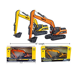 Gemini&Genius Long Reach Excavator Toy for Kids, Heavy Duty Construction Vehicle Digger Toys, 360-degree Rotatable Driver's Compartment, Multi-Jointed Movable Tracked Vehicle for Kids Gift (Yellow)