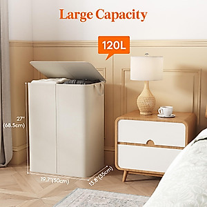Lifewit 120L Laundry Basket with Lid, Large Double Laundry Hamper 2 Section Dirty Clothes Hamper for Bedroom with 2 Removable Laundry Bags, White