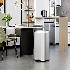 PUPL 8 Gallon(30L) Kitchen Trash Can, Brushed Stainless Steel Garbage Bin with Removable Plastic Inner Bucket & Metal Pedal, Recycle Rubbish Silent and Soft Lid for Office, Home, Outdoor, Silver