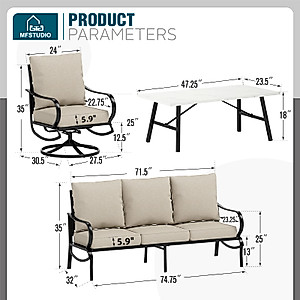 MFSTUDIO 4 Pieces Patio Conversation Sets(5 Seat),Outdoor Metal Furniture Sofas with 1 Loveseat(3 Seat), 2 Swivel Chairs,1 Coffee Table,Wrought Iron with Beige Cushion for Patio Courtyard Balcony