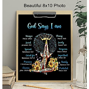 Positive Affirmations Black Wall Art - Inspirational Bible Verses Religious God Decor - Spiritual Christian Scripture Poster - African American Women, Black Woman, Girls - I Am - Encouragement Gifts
