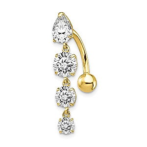 Solid 10k Yellow Gold Tops Down with 4 Dangle CZ Cubic Zirconia Belly Dangle (5mm x 28mm)