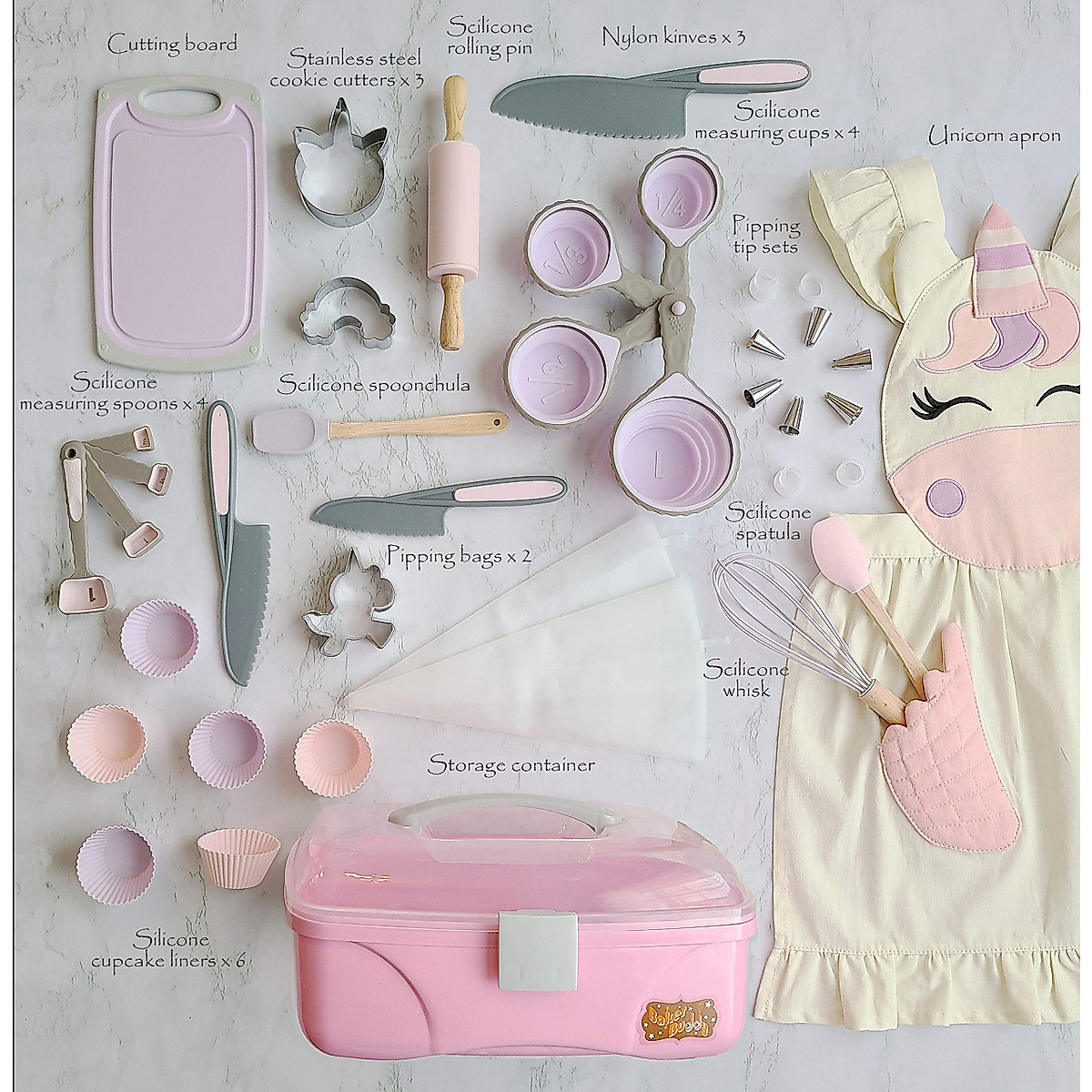 Baker Buddy Unicorn Kids Baking Set with storage case, real working utensils, cookie cutters, and baking supplies, beautiful unicorn apron for kids