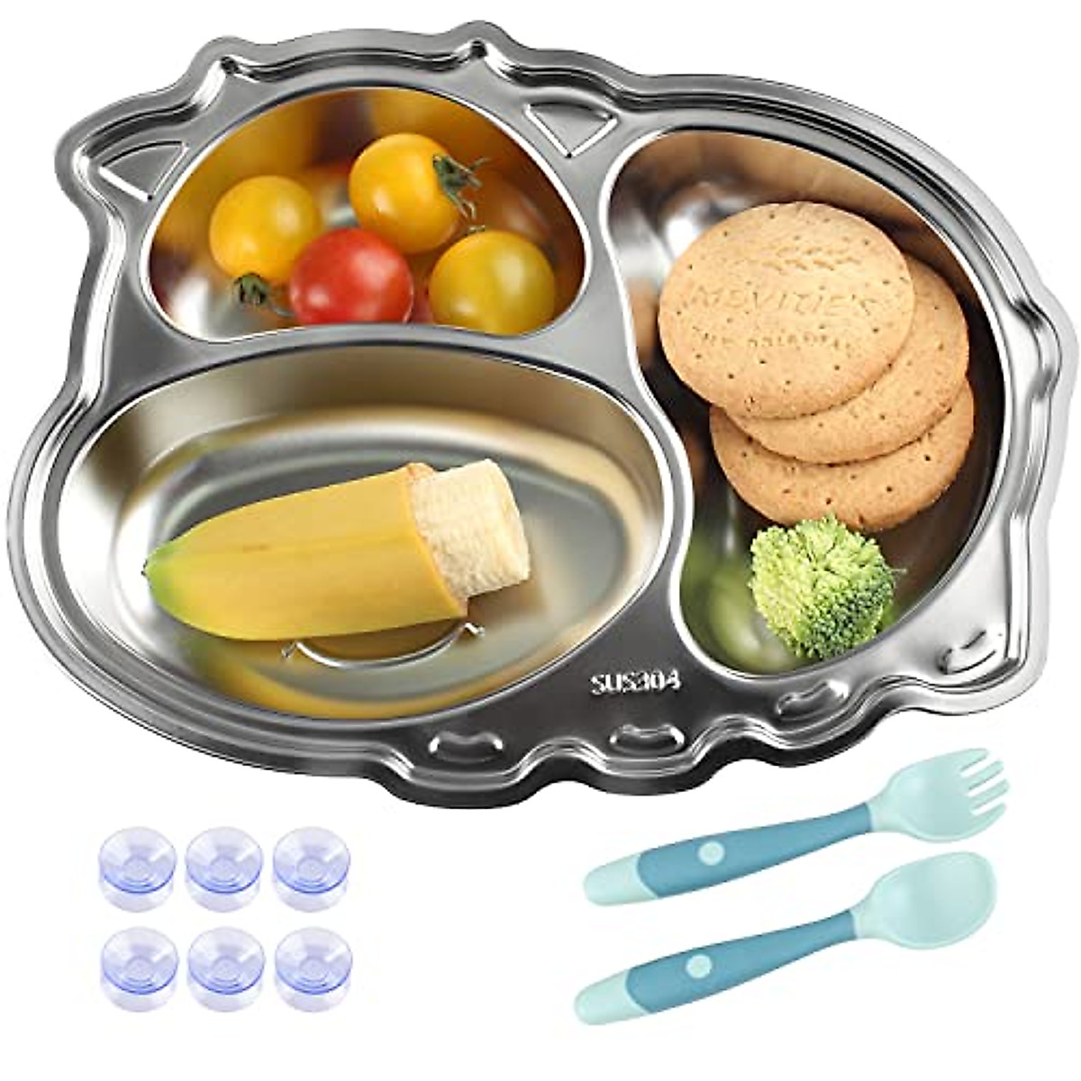 HOLIPOT 304 Stainless Steel Divided Plates, Food-Grade Toddlers Babies Kids Tray, 1300 Ml Toddler Plates with Suction, Self Feeding Training Kids Plates,Fits for Most High chairs Trays(Hippo)