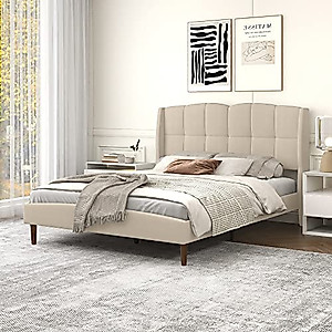 RYR Upholstered Platform Queen Size Bed Frame with Geometric Headboard,Wooden Slat Support Non-Slip Easy Assembly No Box Spring Required Beige Linen