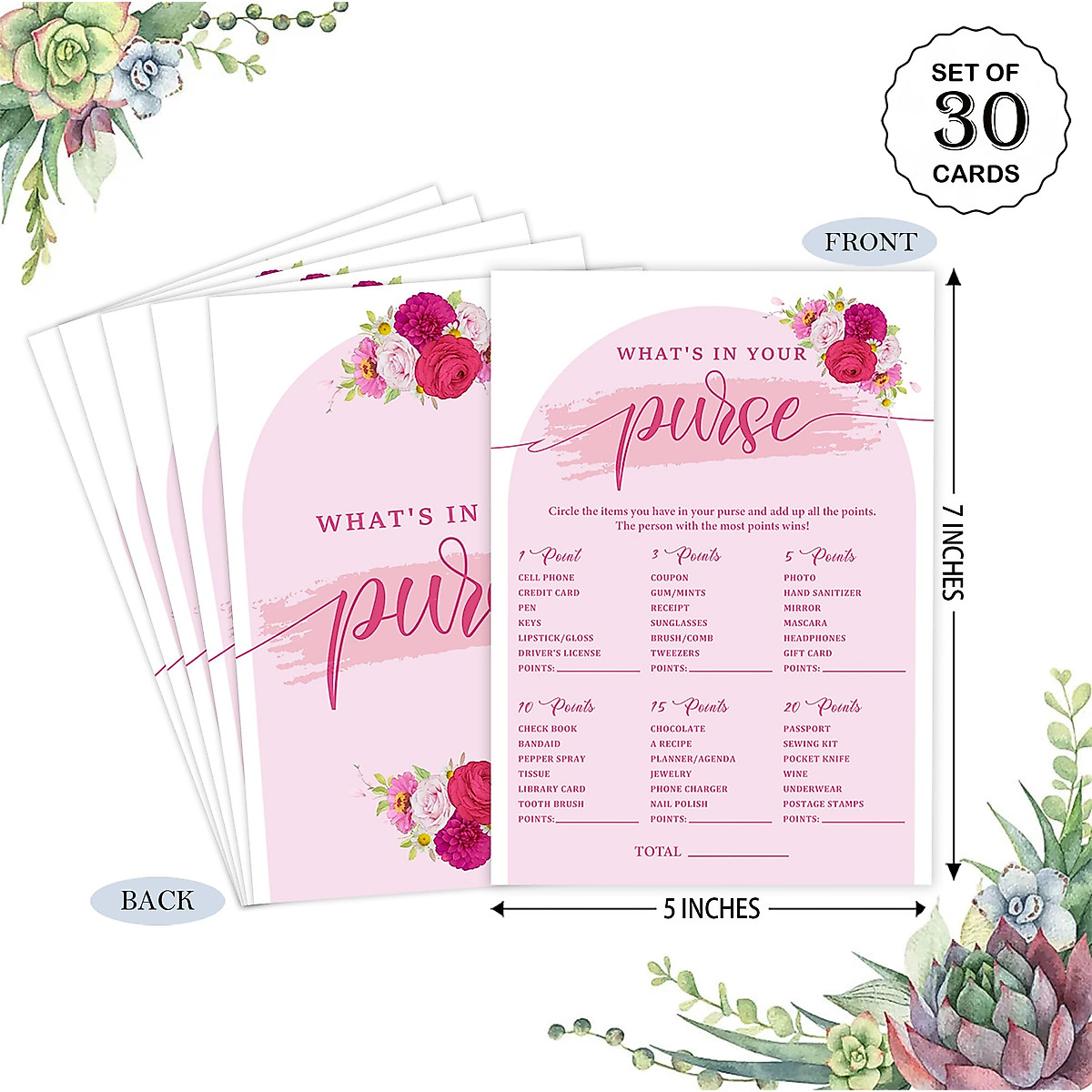 Pink Floral What's In Your Purse Game for 30 Guests with Game Cards, Hot Pink Floral Bridal Shower Game, Modern Bridal Shower Decorations, Wedding Shower or Bachelorette Party Supplies - 01