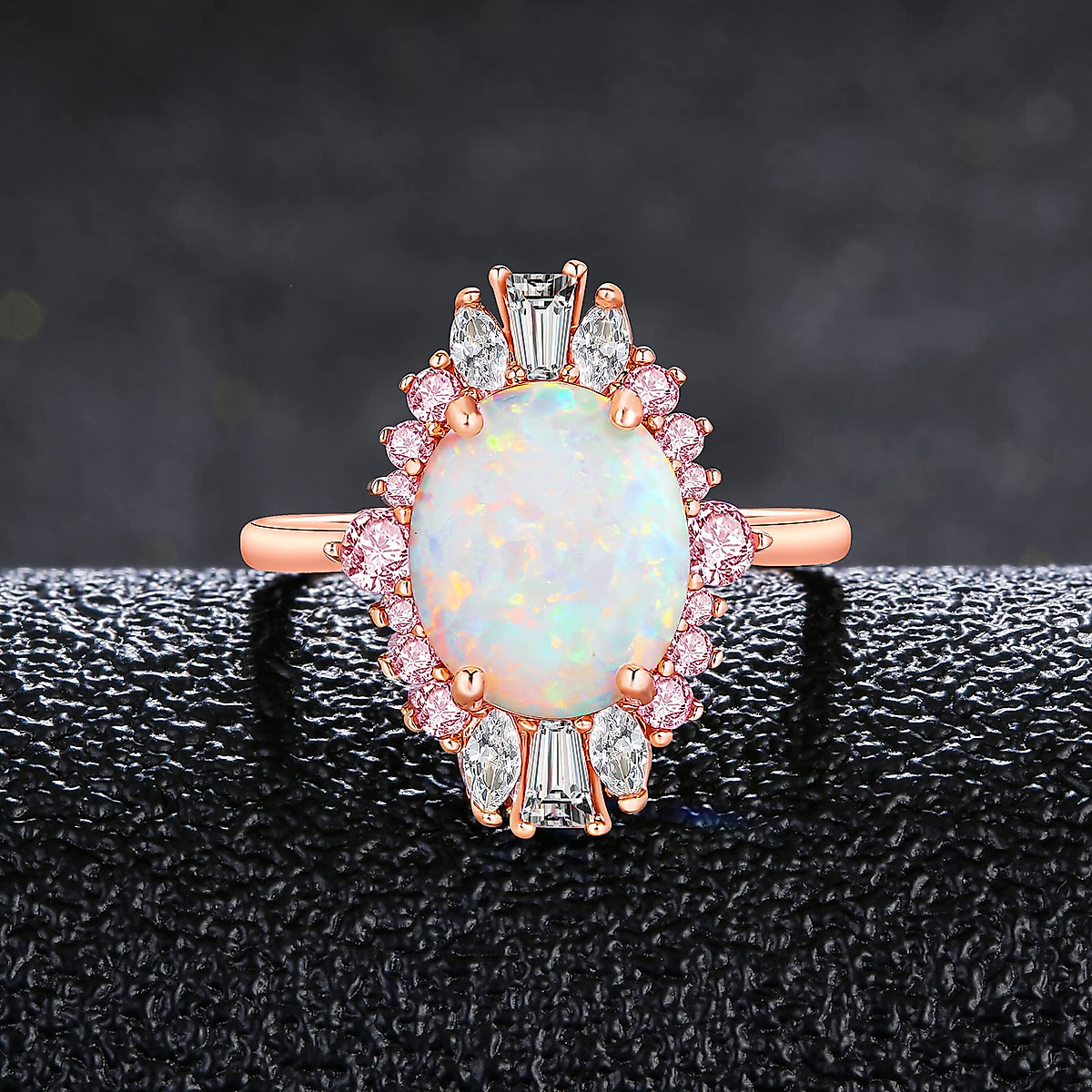 LAZLUVU White Opal Ring Oval Cut Created Opal Solitaire Engagement Wedding Rings with Cubic Zirconia Promise Ring Jewelry For Women