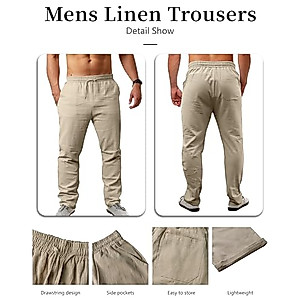 NANAMEEI Mens Linen Pants Casual Mens Linen Trousers Beach Elastic Waistband Pocket Drawstring Beach Pants Khaki XL