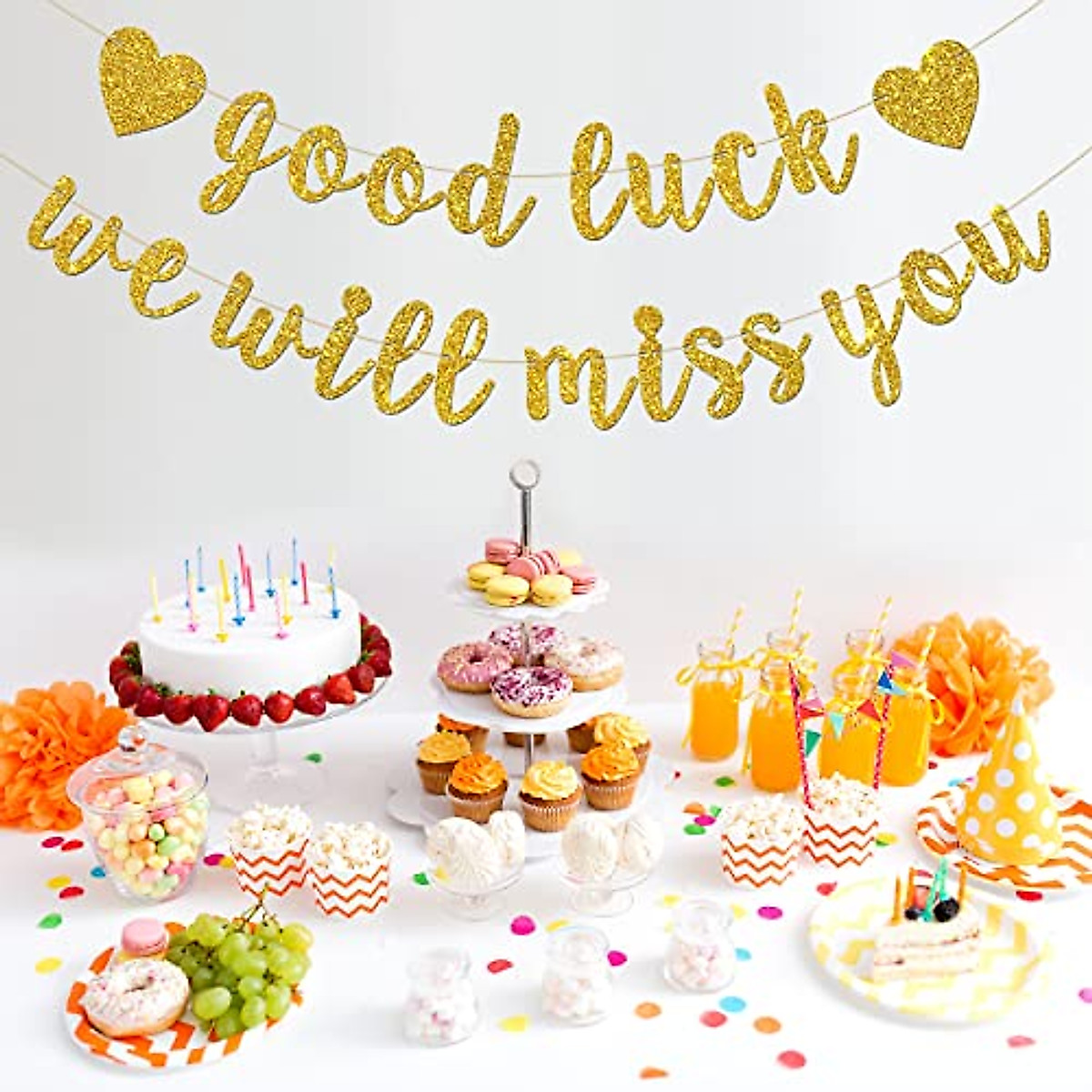 INNORU Good Luck We Will Miss You Banner - for Farewell Party - Leaving - Graduation - Happy Retirement Party Bunting Decorations, Gold Glitter