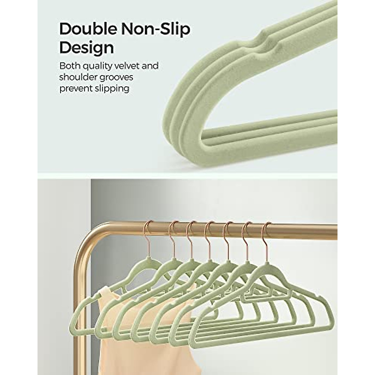 SONGMICS 30-Pack Pants Hangers and 50-Pack Clothes Hangers Bundle, Velvet Hangers with Adjustable Clips and Swivel Hooks, Space-Saving, Pale Purple and Pale Green UCRF012GP30 and UCRF021GR50