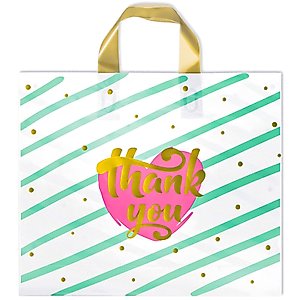 Elsjoy 80 Pack Thank You Bags Plastic Shopping Bags, 14 x 12 Thick Merchandise Bags Reusable Boutique Bags with Loop Handle, Heart and Stripe Retail Gift Bags for Parties, Business, Wedding Favor