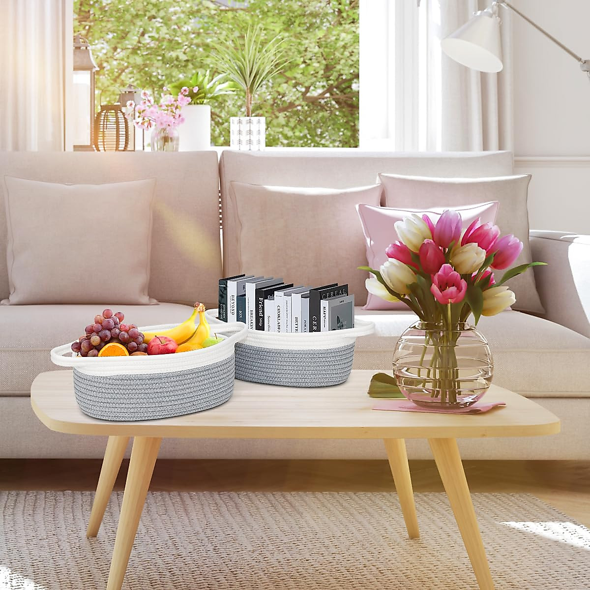 ArcaGuru Small Woven Basket with Handles, Empty Storage Baske for Gifts, Rope Room Shelf Storage Basket for Towels, Snacks, Dog Toy Basket, Pack of 2, Gray