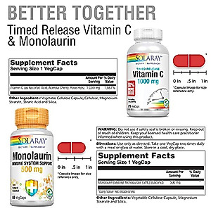 SOLARAY Timed Release Vitamin C 1000mg & Monolaurin 500mg Bundle | Powerful Immune & Gut Health Support | 275ct, 60ct