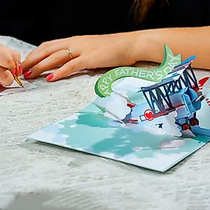 Paper Love Fathers Day Pop Up Card, Happy Father's Day Biplane, Gift For Dad, Husband, Son, Anyone - 5" x 7" Cover - Includes Envelope and Note Tag