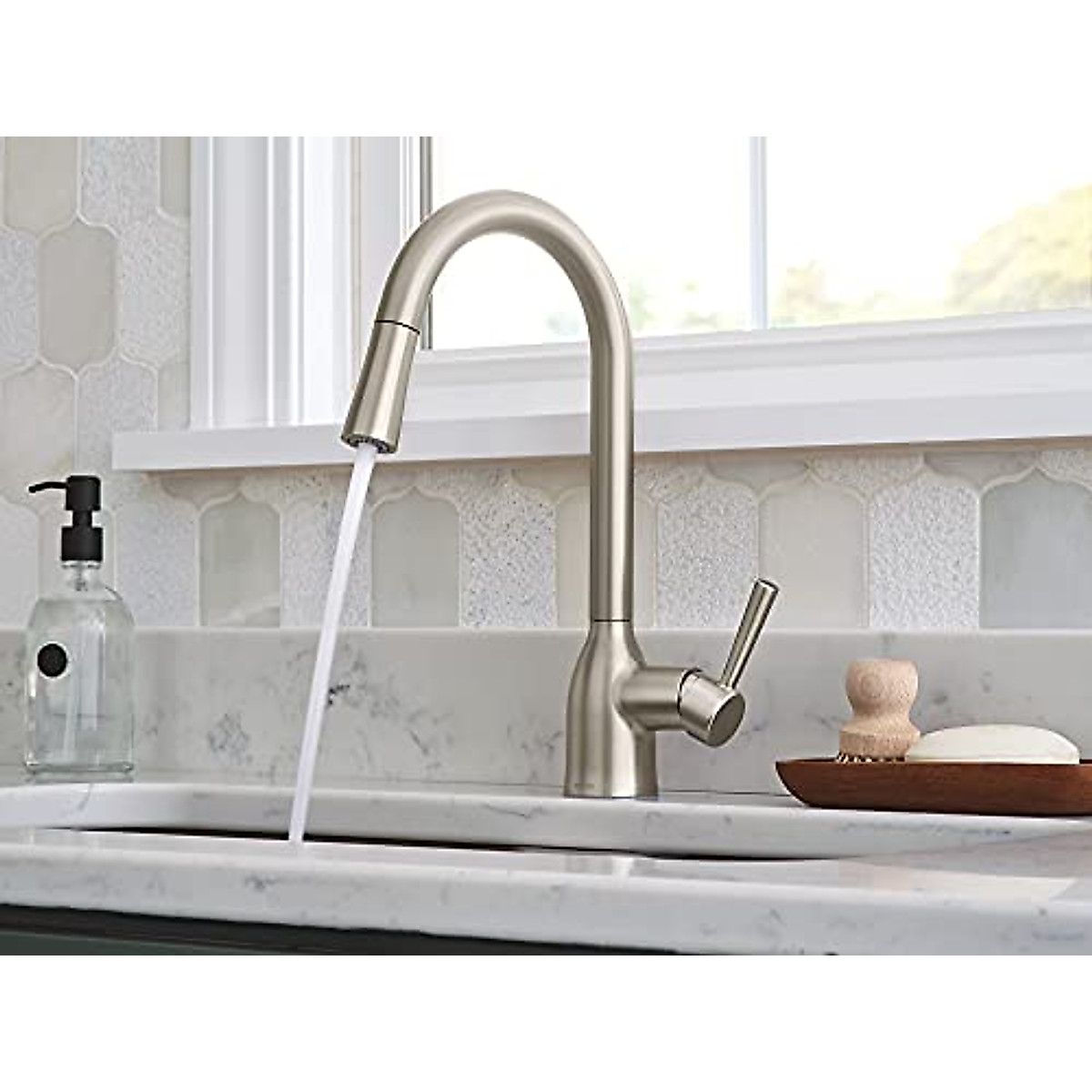 Moen Adler Spot Resist Stainless One-Handle High Arc Kitchen Sink Faucet with Power Clean, Kitchen Faucet with Pull Down Sprayer for Commercial, RV, or Bar, 87233SRS, 24.7" L x 12.3" W x 14.6" H