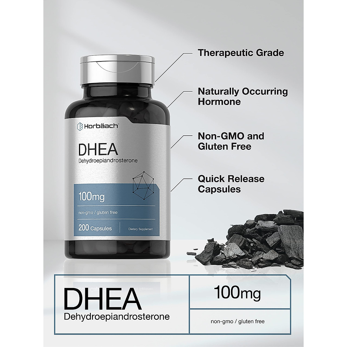 Horbäach DHEA 100mg | 200 Capsules | Non-GMO, Gluten Free Supplement