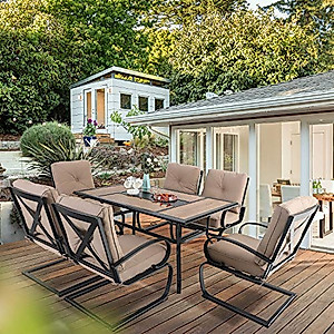 MFSTUDIO 7PCS Outdoor Patio Dining Table Set, 6 Spring Motion Chairs, 1 Rectangular Table Woodlike Top with 1.57" Umbrella Hole, Lawn Backyard Garden Furniture Sets, Beige