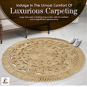 GRUHUM Handwoven Jute Area Rug- 4ft Round-Natural Fiber Boho Soft Braided Rustic Vintage Beige Reversible EcoFriendly Rugs- Farmhouse Indoor EcoFriendly Kitchen Bedroom Living Room Hallways 4'ftRound