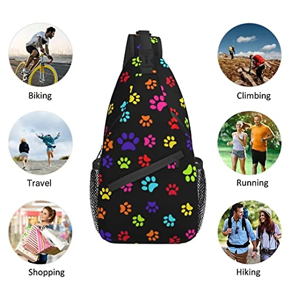 LAKUERVI Paws Chest Sling Bag Seamless Pattern With Colorful Dog Paws Crossbody Shoulder Backpack Adjustable Lightweight Animal Footprints Travel Hiking Casual Daypack for Men Women