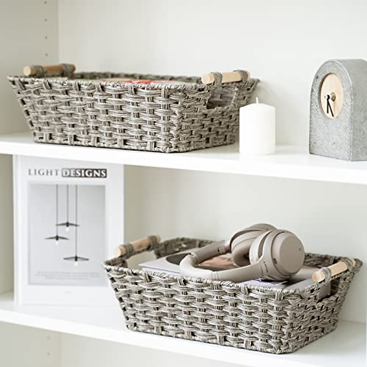 ELONG HOME Plastic Hangers 30 Pack, and 2 Pack 15" Woven Storage Basket, Hand-Knitted Baskets for Organizing